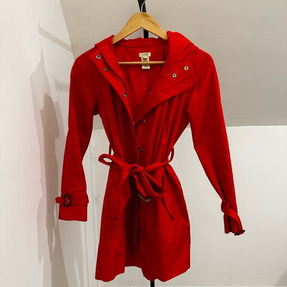 J. Crew | Jackets & Coats | J Crew Red Raincoat W Belt And Hood | Poshmark